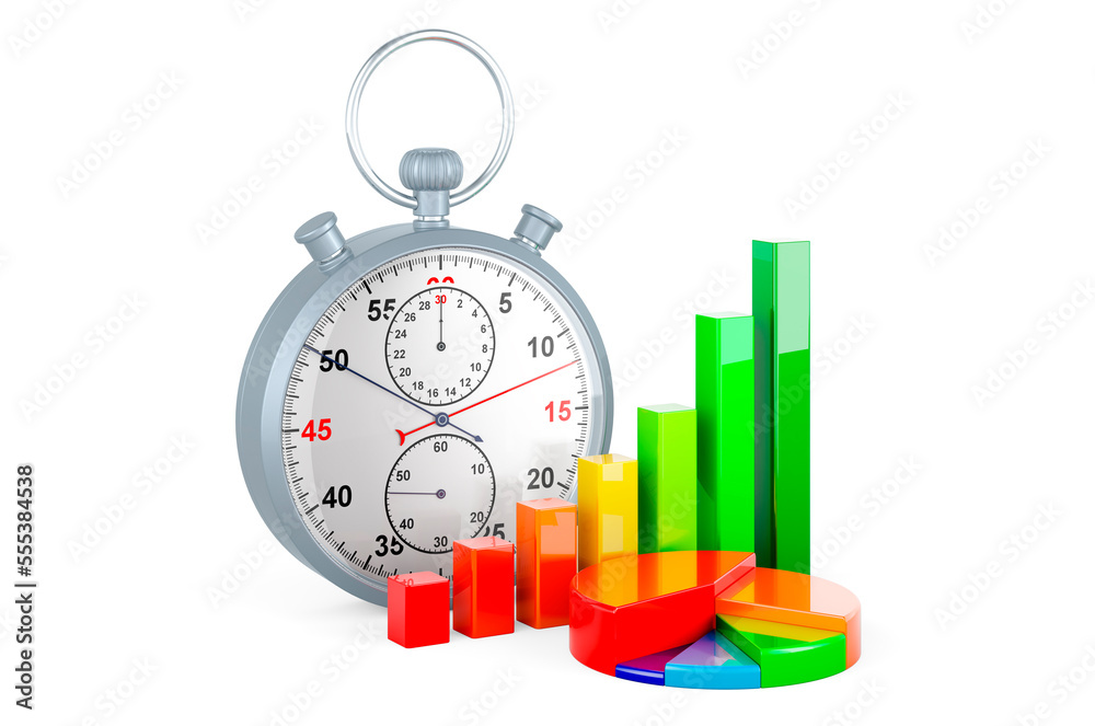 Colored pie chart and bar graph with stopwatch. Time management concept ...