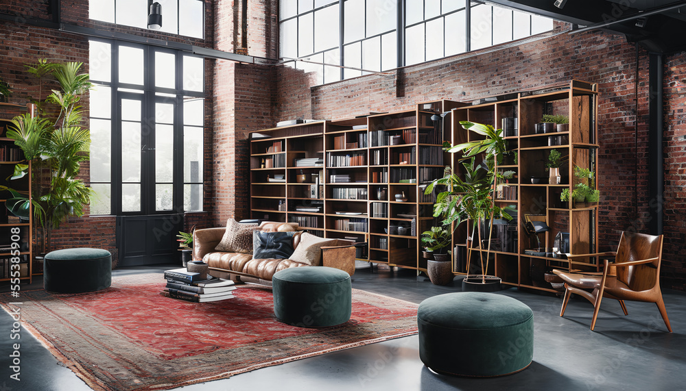 Library located in a loft space. The high ceilings and industrial-style ...