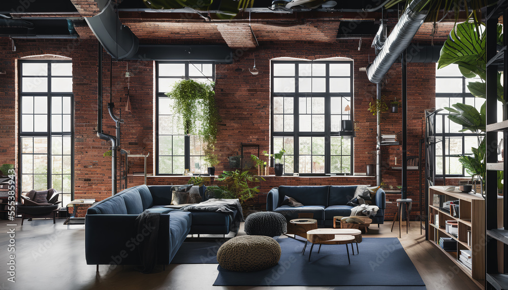 Library located in a loft space. The high ceilings and industrial-style ...