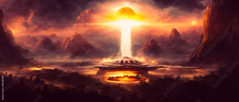 This painting depicts the aftermath of an atomic bomb explosion in a ...