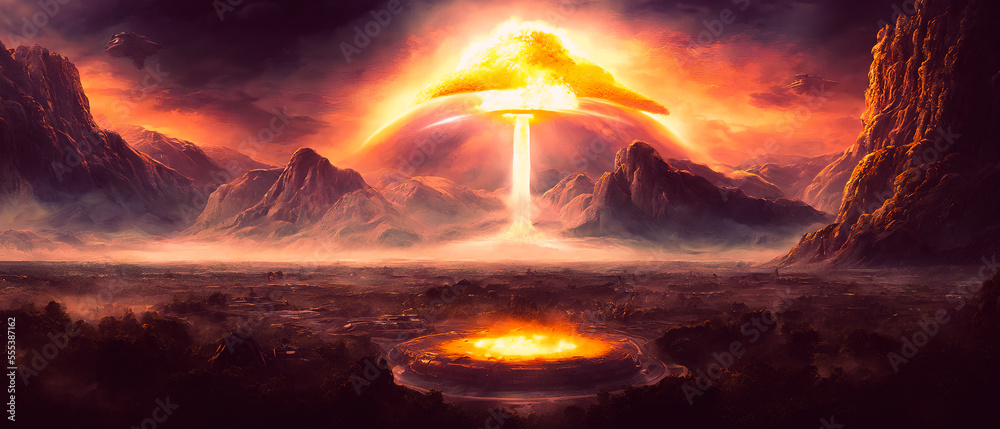 This painting depicts the aftermath of an atomic bomb explosion in a ...