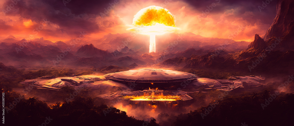 This painting depicts the aftermath of an atomic bomb explosion in a ...