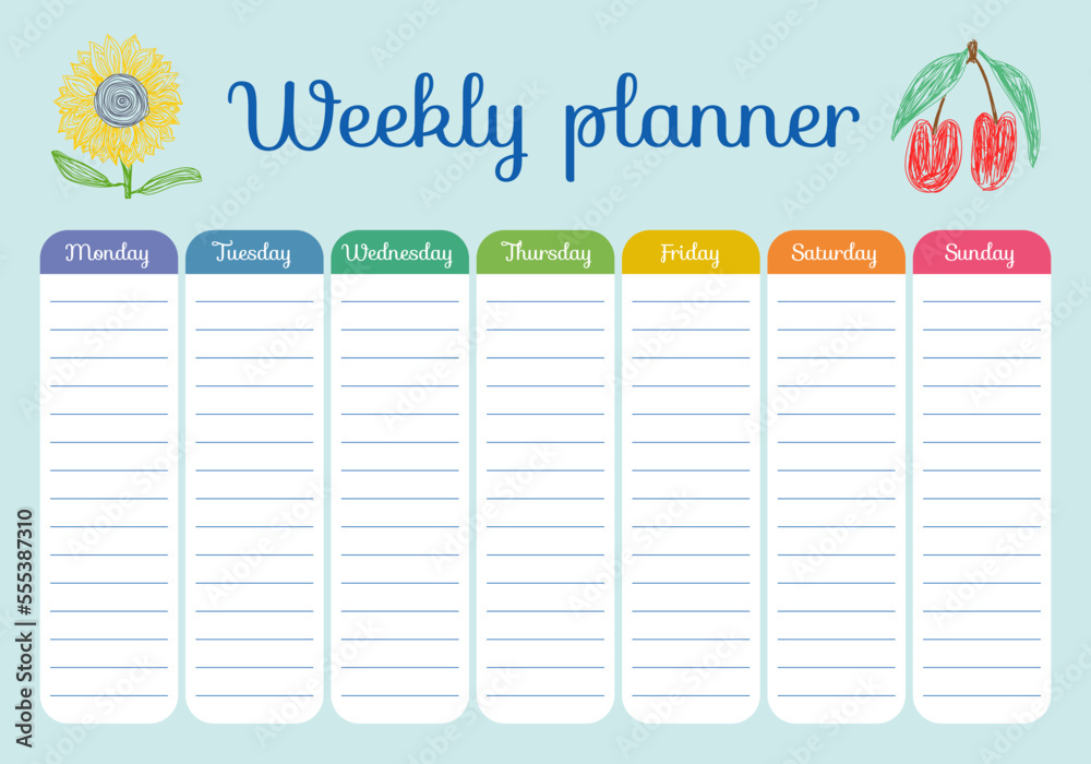 Weekly planner. Vector hand drawn design. Pencil drawing. Sunflower and ...