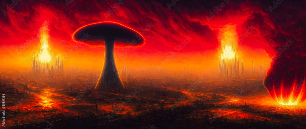 This painting depicts the aftermath of an atomic bomb explosion in a ...