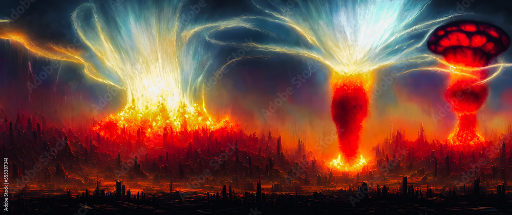 This painting depicts the aftermath of an atomic bomb explosion in a ...