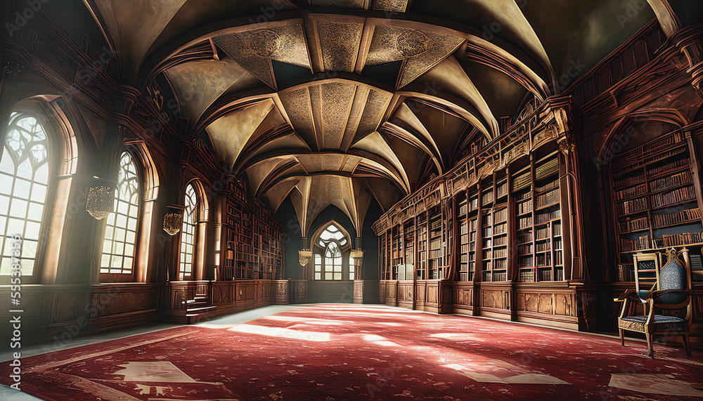 A Gothic library, featuring tall ceiling beams, is depicted in this ...