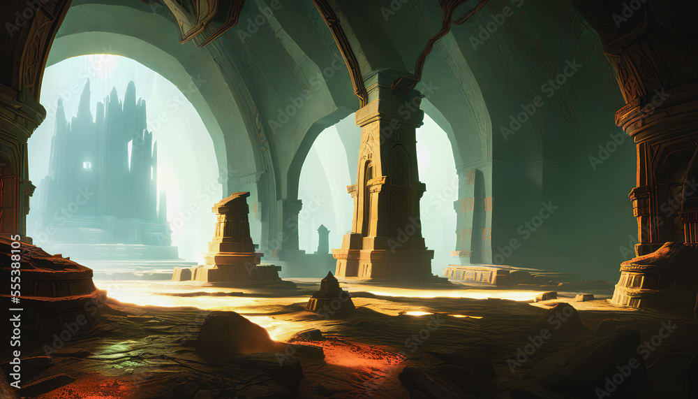 An ancient underground temple, depicted in rich, ornate detail and a ...