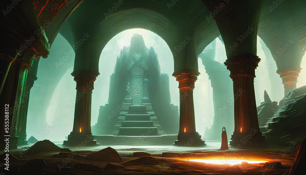 An ancient underground temple, depicted in rich, ornate detail and a ...