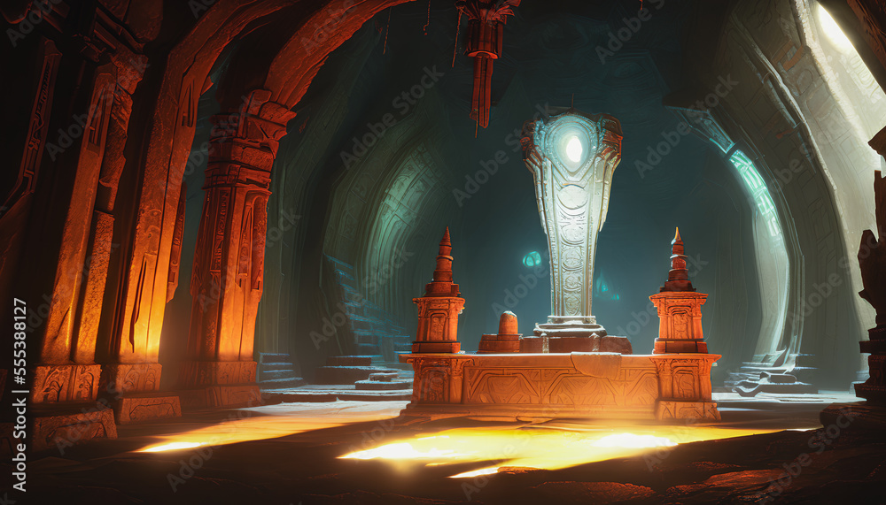 An ancient underground temple, depicted in rich, ornate detail and a ...