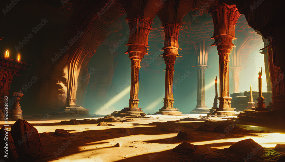 An ancient underground temple, depicted in rich, ornate detail and a ...