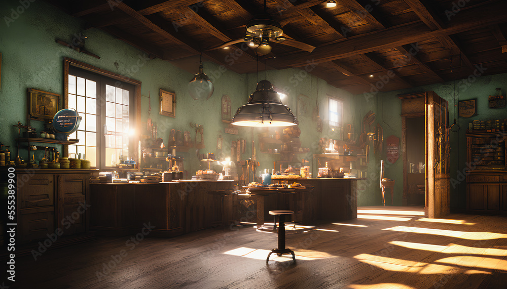 The painting depicts the interior of a store filled with magical ...