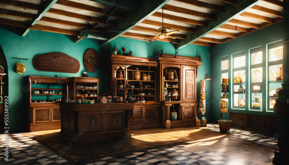 The painting depicts the interior of a store filled with magical ...