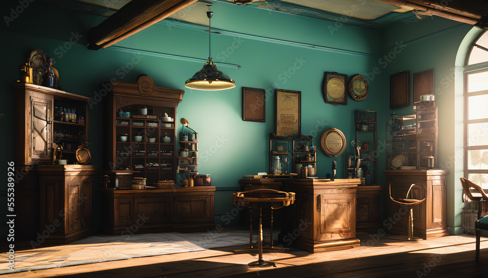 The painting depicts the interior of a store filled with magical ...