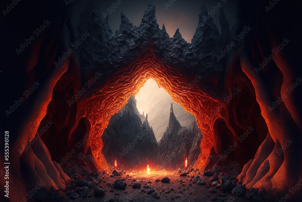 artwork depicting a raster image of a gorgeous cave in the rock heated ...