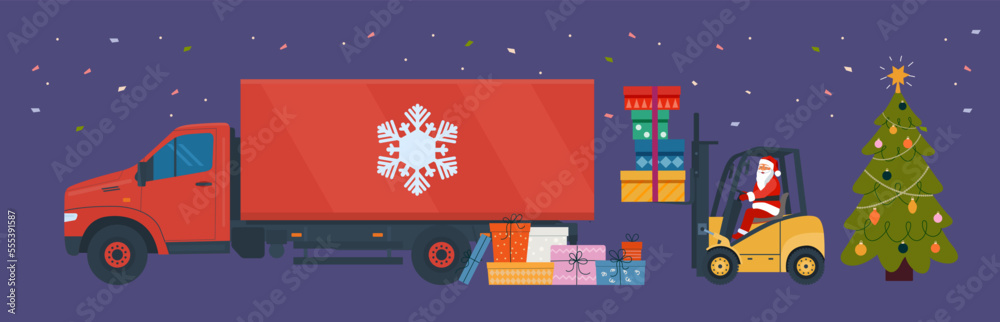Santa Claus loading Christmas presents into the box truck using a ...