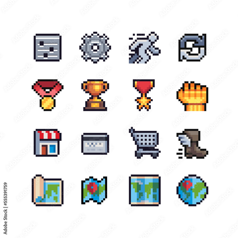 Pixel art icons set, phone interface, mobile designs, element design ...