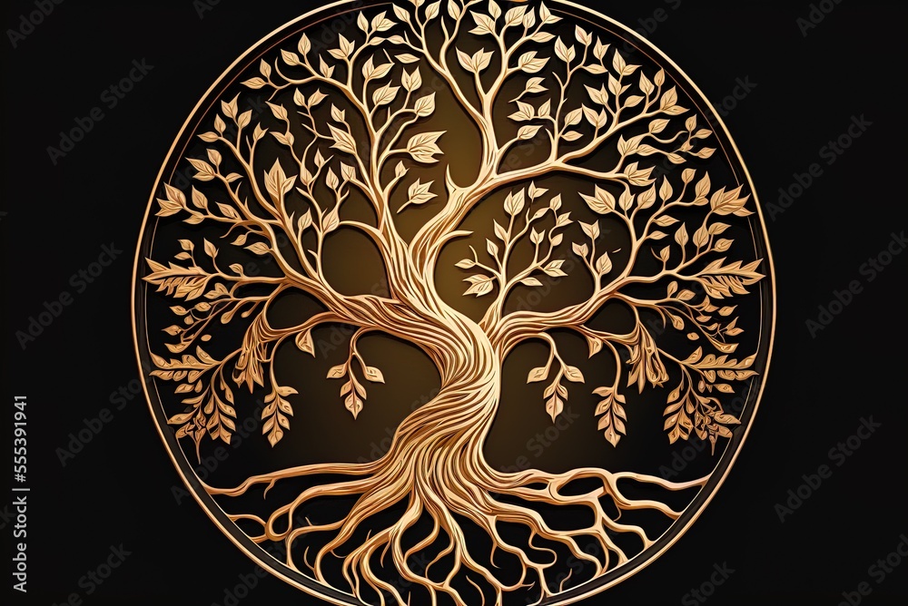 A circle shaped root or tree, tree of life symbol. exquisite gold ...