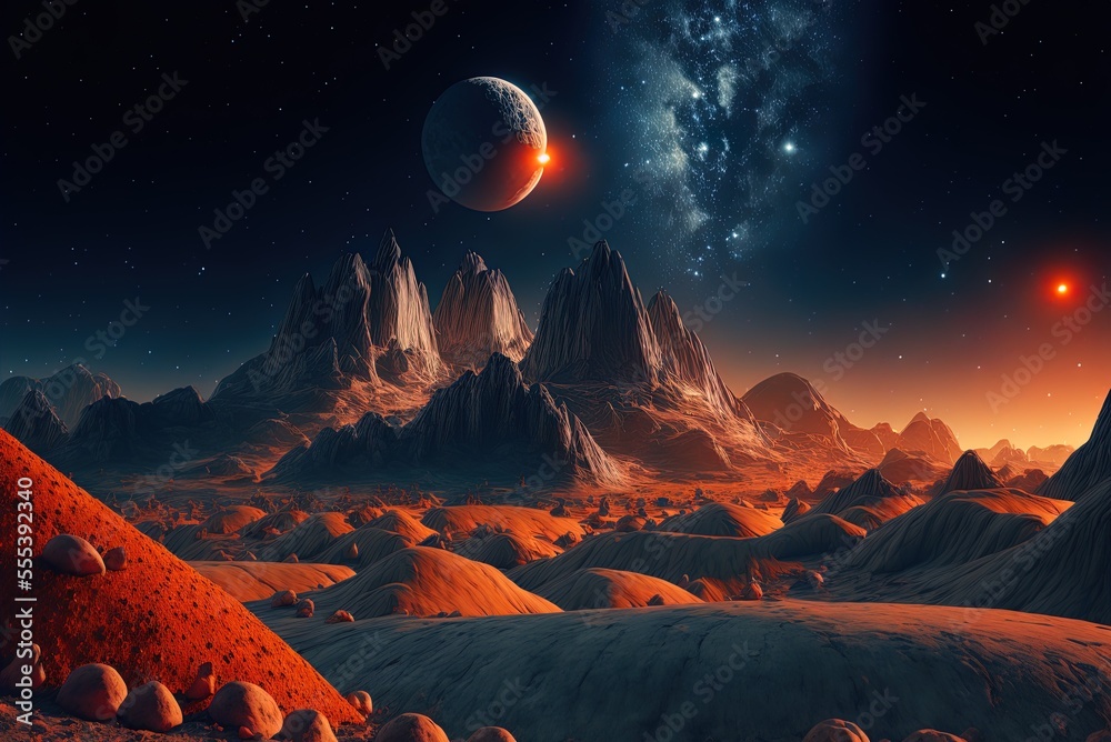 depiction of an alien planet's terrain, with orange mountains and a ...