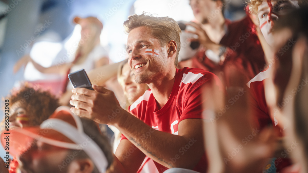 Sport Stadium Soccer Match: Caucasian Man Using Smartphone Cheering for ...