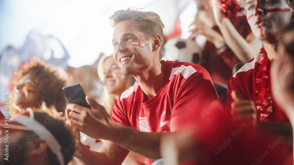 Sport Stadium Soccer Match: Caucasian Man Using Smartphone Cheering for ...