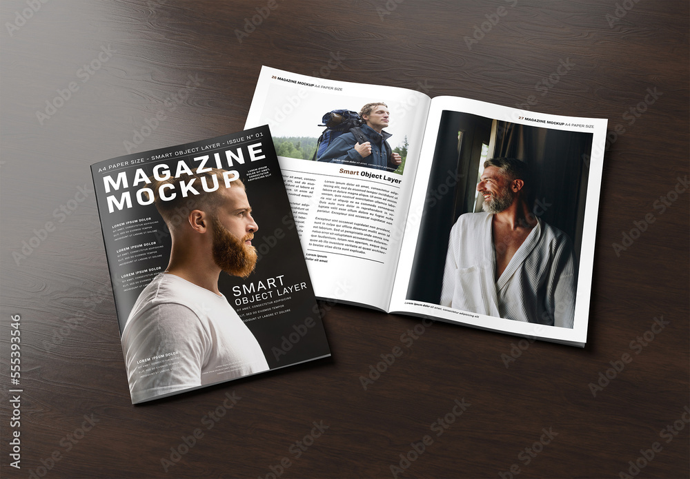 Magazine Cover and Open Magazine Mockup on Dark Wooden Background Stock ...