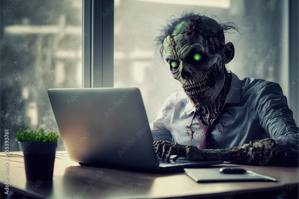 Generative AI digital art of a zombie working on a laptop as minimum ...