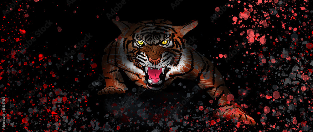 tiger illustration with drops of blood on black background Stock ...