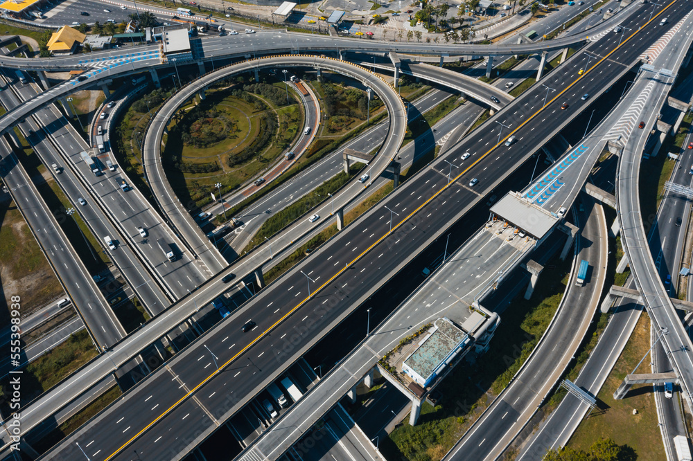 Aerial top view of Cars passing through the Automatic Point of Payment ...