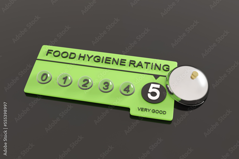 Green label showing a food hygiene rating of 5 with a stainless steel ...