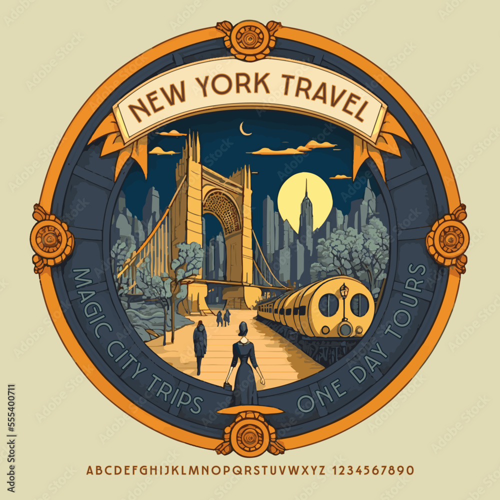 Vector artistic emblem New York Travel Company, decorative logo Magic ...