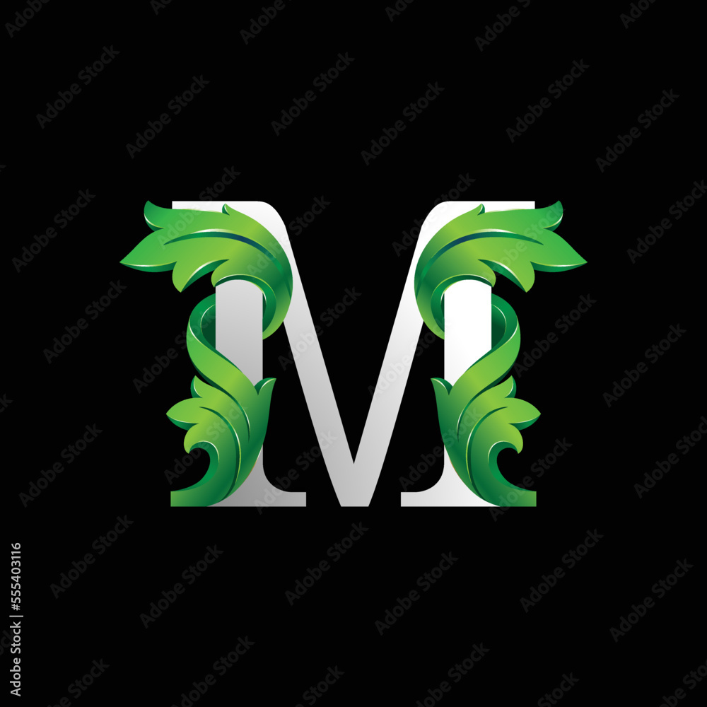 Initial letter M, 3D luxury green leaf overlapping white serif font on ...