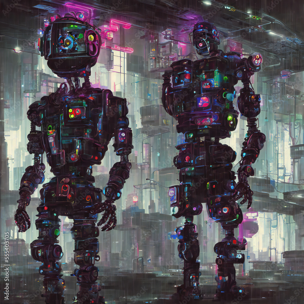 Giant Robots Standing In Front Of A Futuristic City, Illustration Stock ...