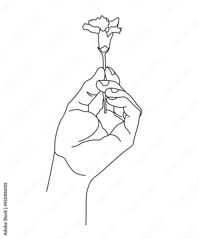 stylized hand holding a flower in one line drawing. beautiful ...
