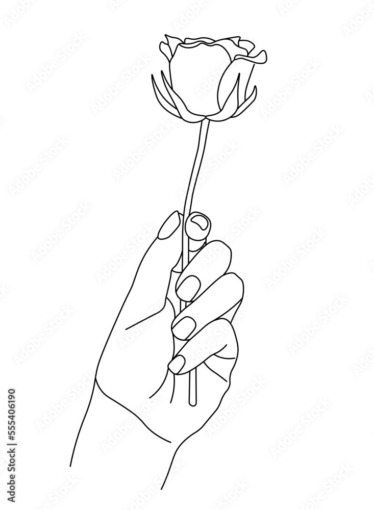 stylized hand holding a flower in one line drawing. beautiful ...