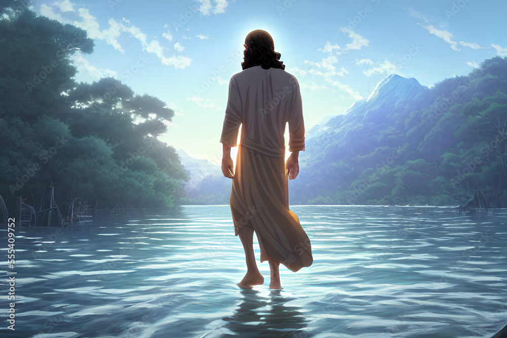 Cartoon image Jesus in the waters made by AI technology Stock ...