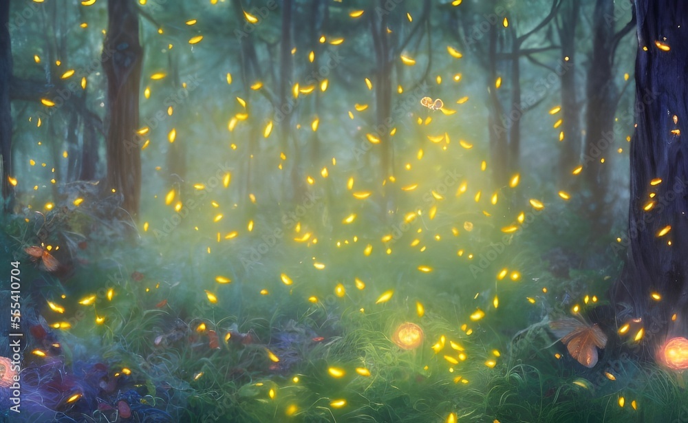 beautiful; illustration of fireflies in forest landscape created with ...