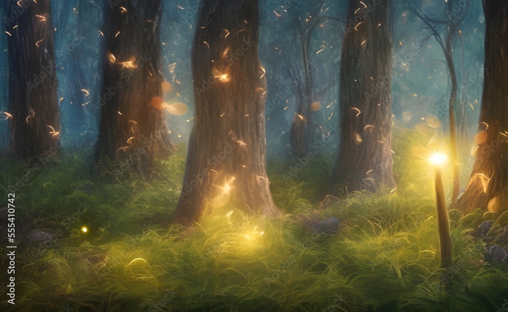 beautiful; illustration of fireflies in forest landscape created with ...