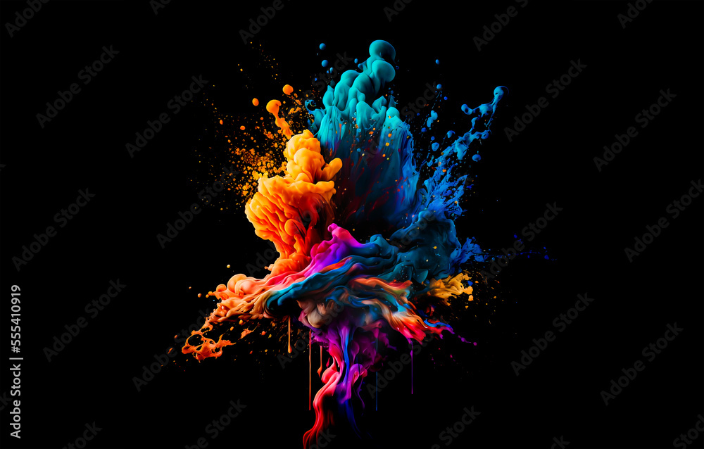 Abstract multicolor fume explosion on black background. Paint clouds on ...