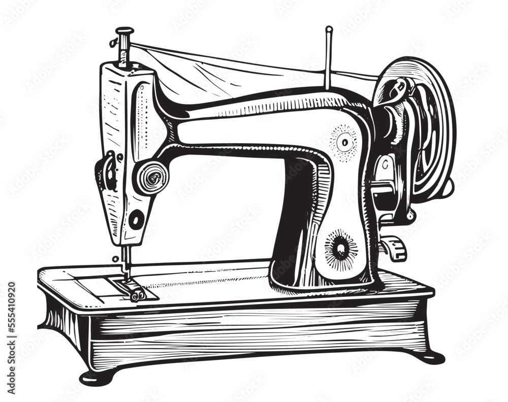 Old vintage sewing machine hand drawn sketch Vector illustration. Stock ...