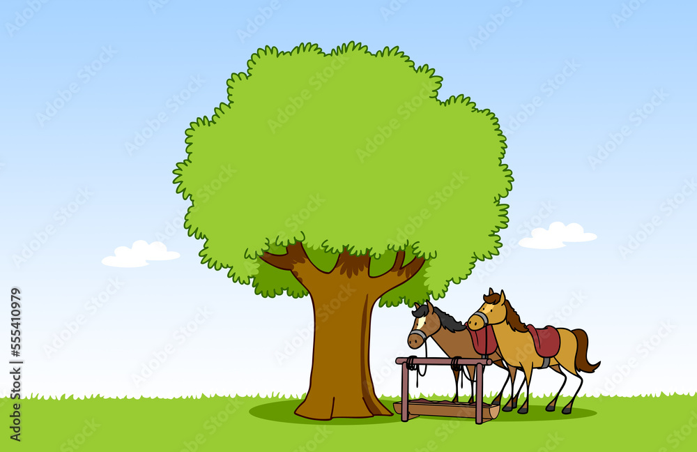 Two horses tied under a tree in summer Stock Illustration | Adobe Stock