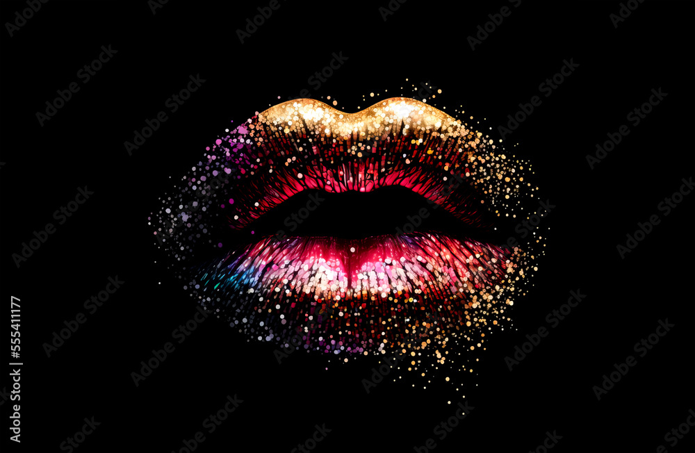 Colorful female lips with paint leaks and drops on white background ...