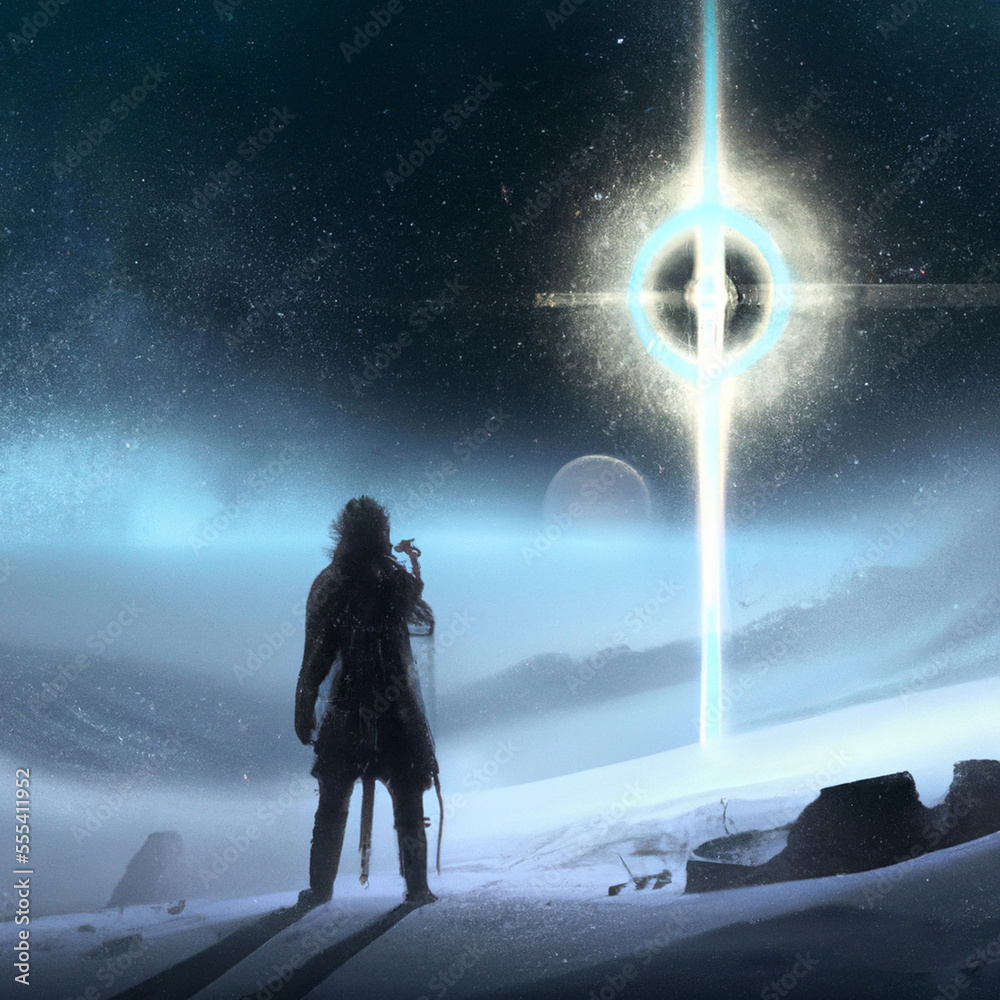Winter solstice image, a snowy landscape with abstract fantasy warrior ...