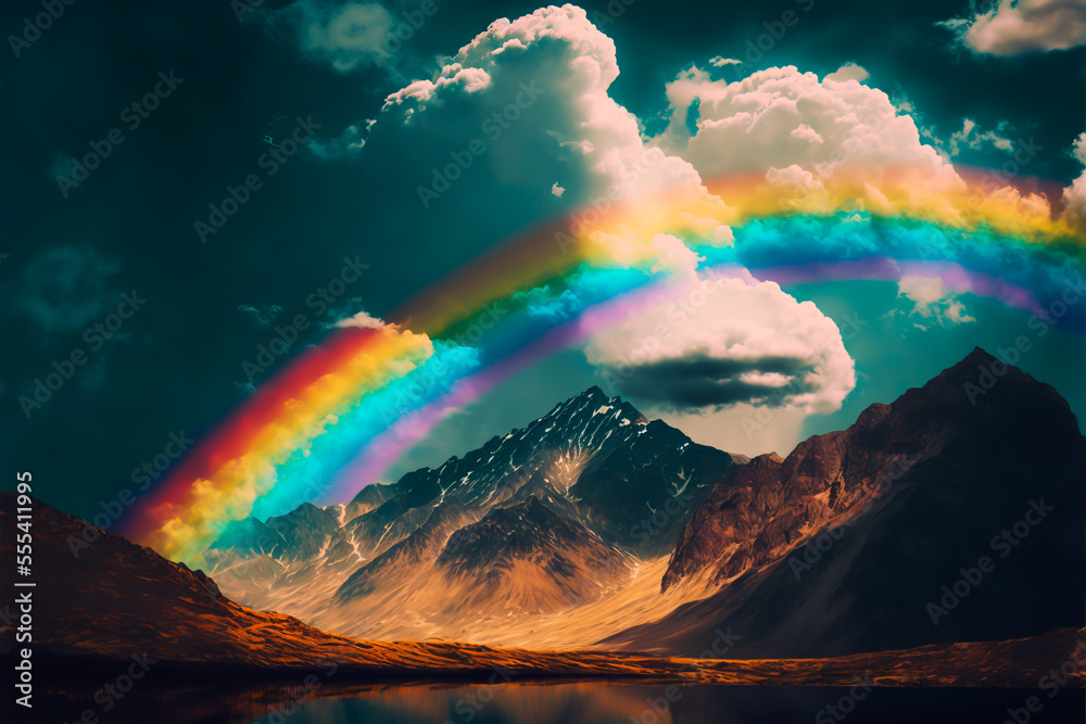 Rainbow above mountains. Mountain peaks in clouds with bright rainbow ...