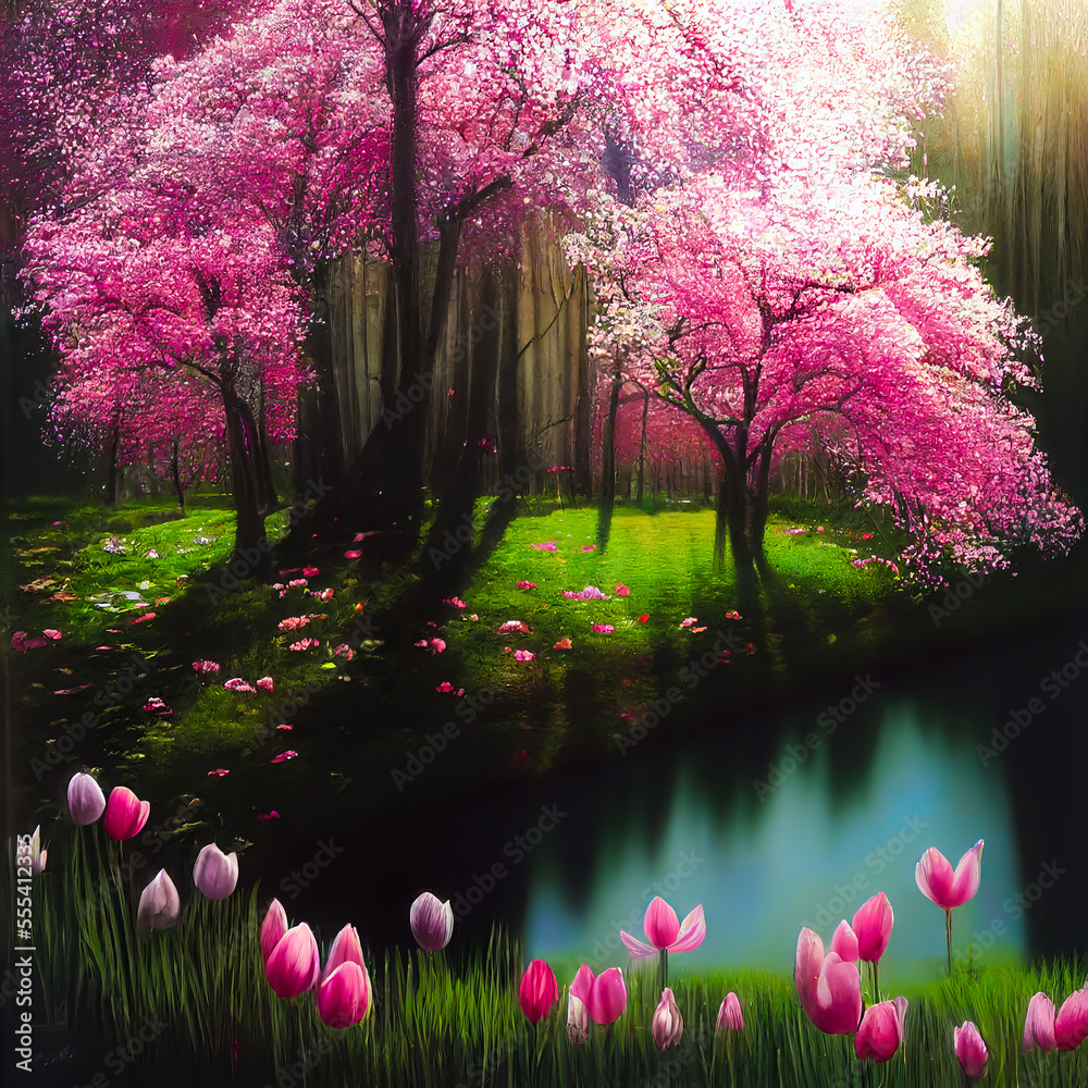 Spring sunny background for postcard. Beautiful cherry trees blossom on ...