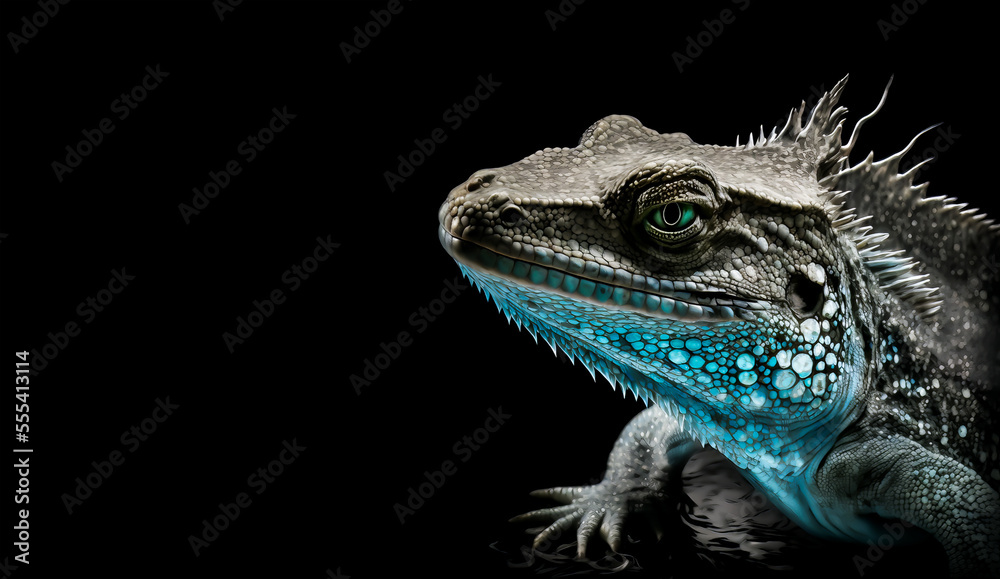 Blue dragon lizard sitting on black background. Generative AI ...