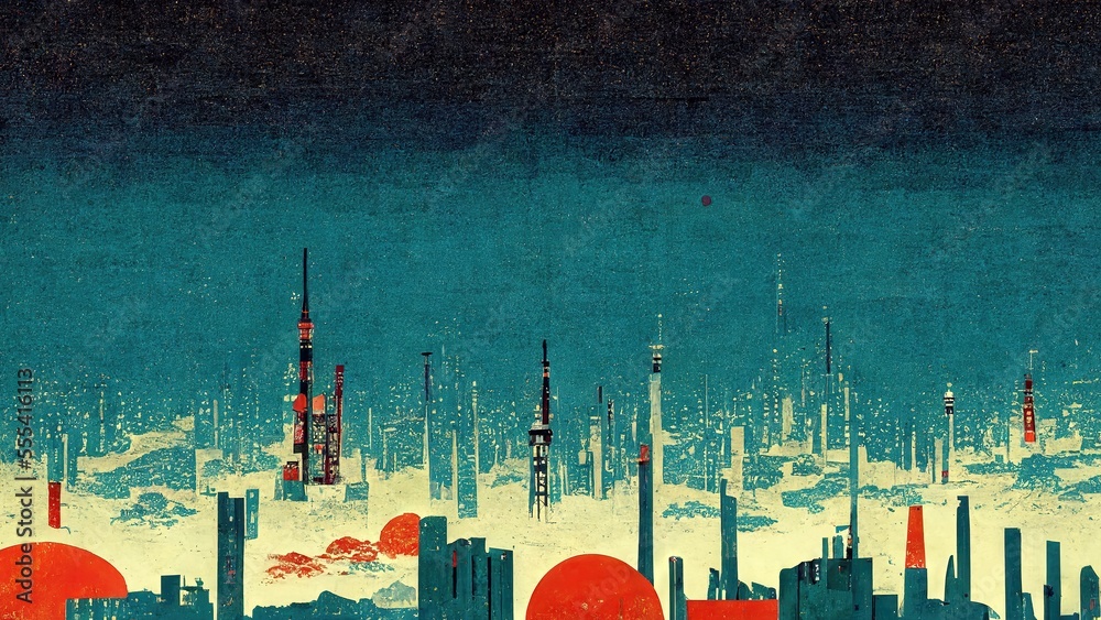 Towering skyscrapers and towers, Katsushika Hokusai style modern retro ...