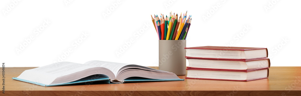 Stack school books with colorful pencils on a desk Stock Photo | Adobe ... Stack school books with colorful pencils on a desk Stock Photo | Adobe ...