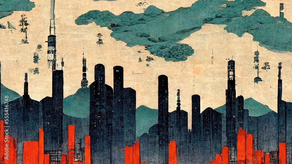 Blue city and red residential area, Katsushika Hokusai style modern ...