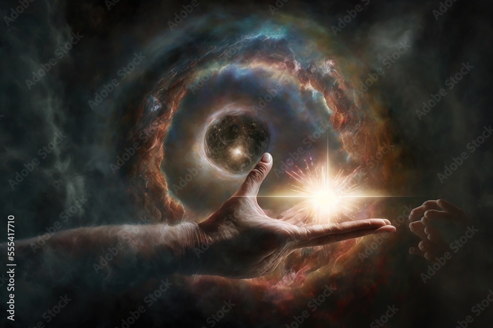 Galactical Shiny Star Held By The Hand Of God Showing The Expanding ...