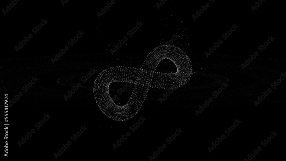 3D symbol of infinity consisting of millions of moving particles on any ...